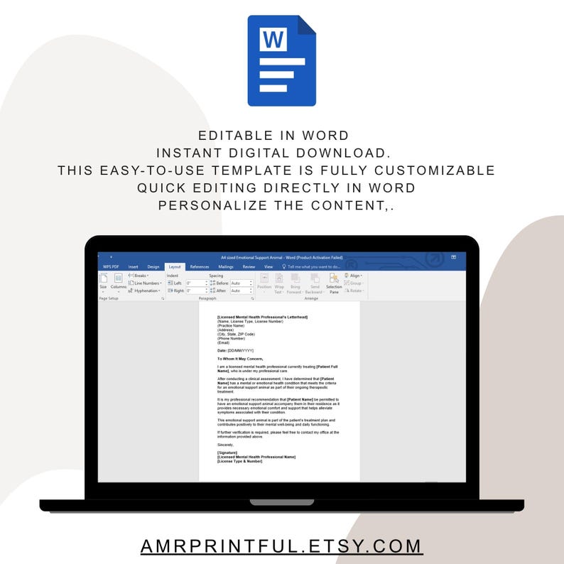 Emotional Support Animal Letter Template, Editable Treatment Plan (PDF ...