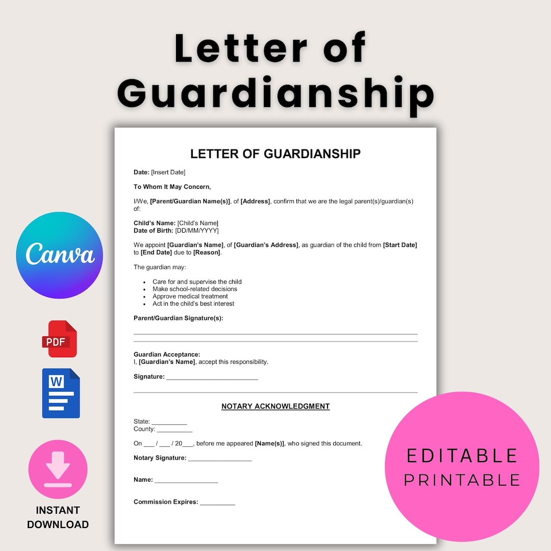 Editable Guardianship Letter Template | Legal Custody Form (digital ...
