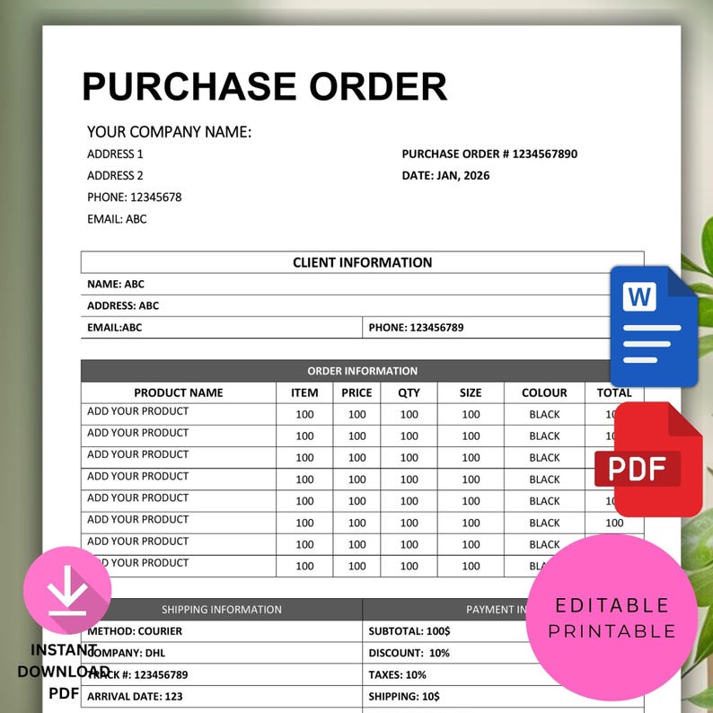 Editable Purchase Order Template | Small Business PO Form (PDF, Word ...