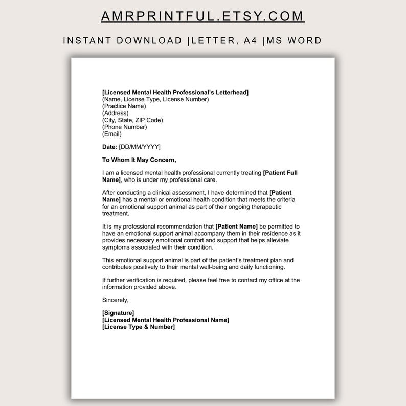 Emotional Support Animal Letter Template, Editable Treatment Plan (PDF ...
