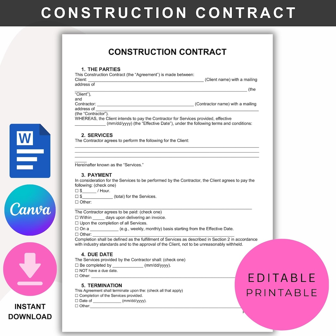 Construction Contract Template, Editable Construction Agreement ...