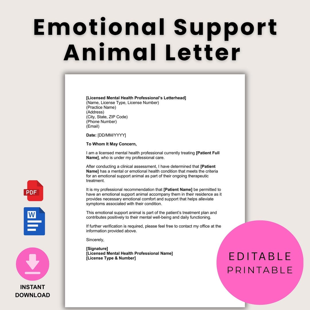 Emotional Support Animal Letter Template, Editable Treatment Plan (PDF ...