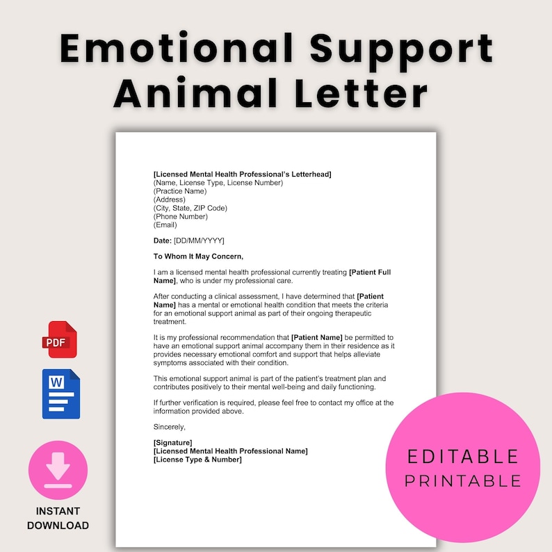 Emotional Support Animal Letter Template, Editable Treatment Plan (PDF ...