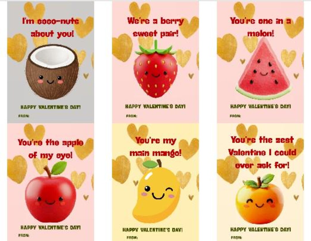 Smiling Fruit Valentine's Day Cards, Printable Cards (instant Download ...