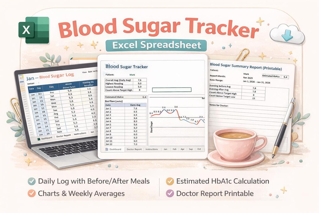 Blood Sugar Tracker Excel | Glucose Log Spreadsheet | Estimated Hba1c ...