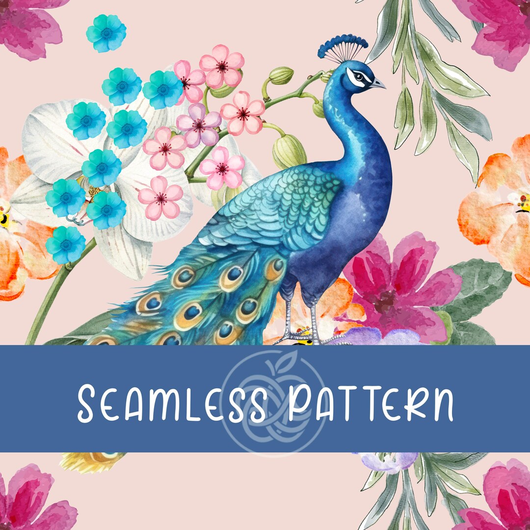 Peacock Seamless Pattern With Flowers, Floral Repeating Design, PNG JPG ...