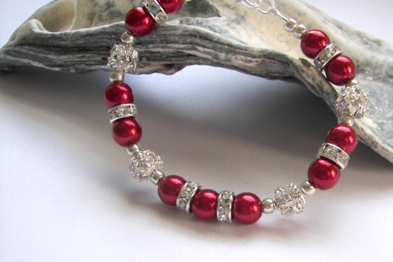 Red Pearl and Rhinestone Bracelet Bracelet for Her Bridesmaid - Etsy