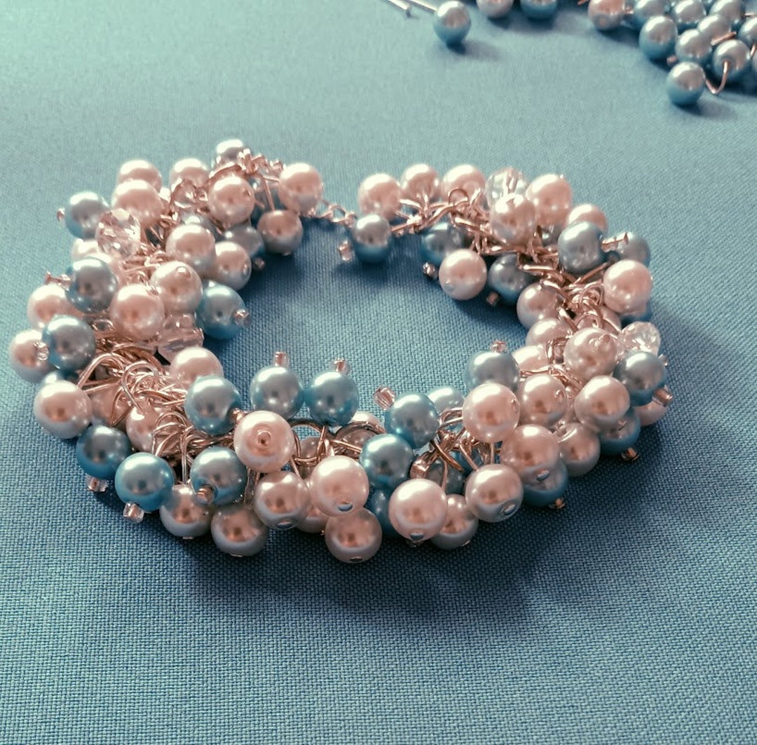 Tropical Pearl Cluster Bridesmaid Bracelet, Aqua Turquoise and White ...