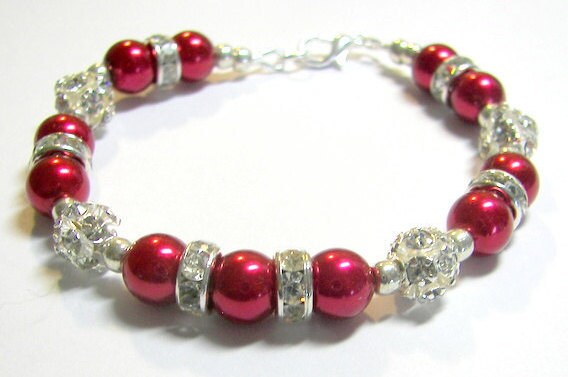 Red Pearl and Rhinestone Bracelet Valentine's Bracelet | Etsy