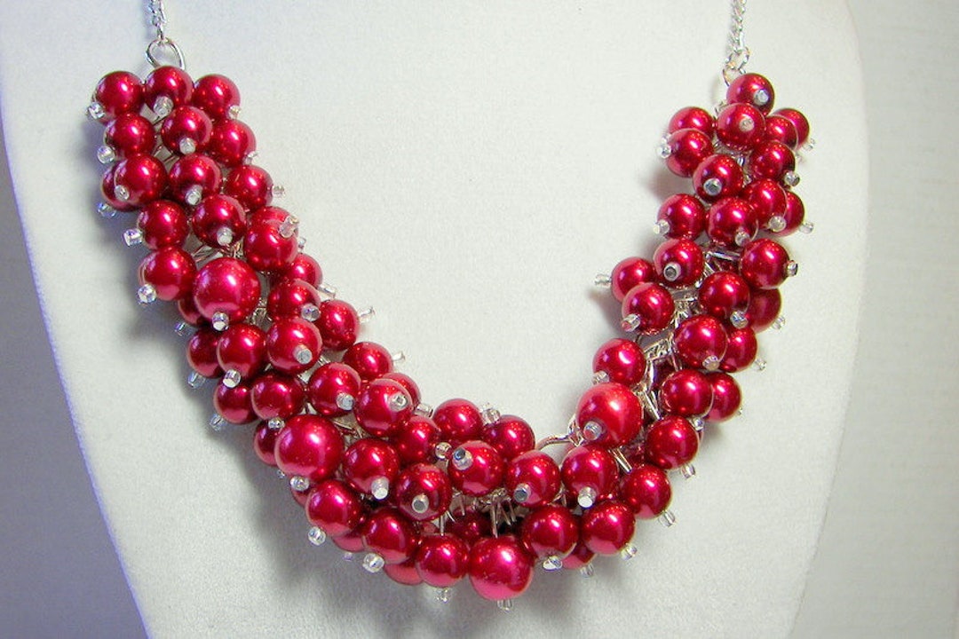 Cherry Red Pearl Cluster Necklace, Gift for Mom, Wedding Necklace ...
