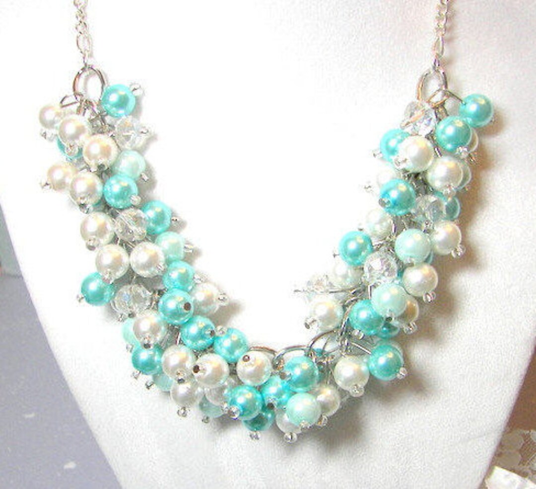 Tropical Pearl Cluster Bridesmaid Necklace aqua Turquoise and White Beach Wedding Necklace Chunky Necklace Destination Wedding Jewelry Etsy