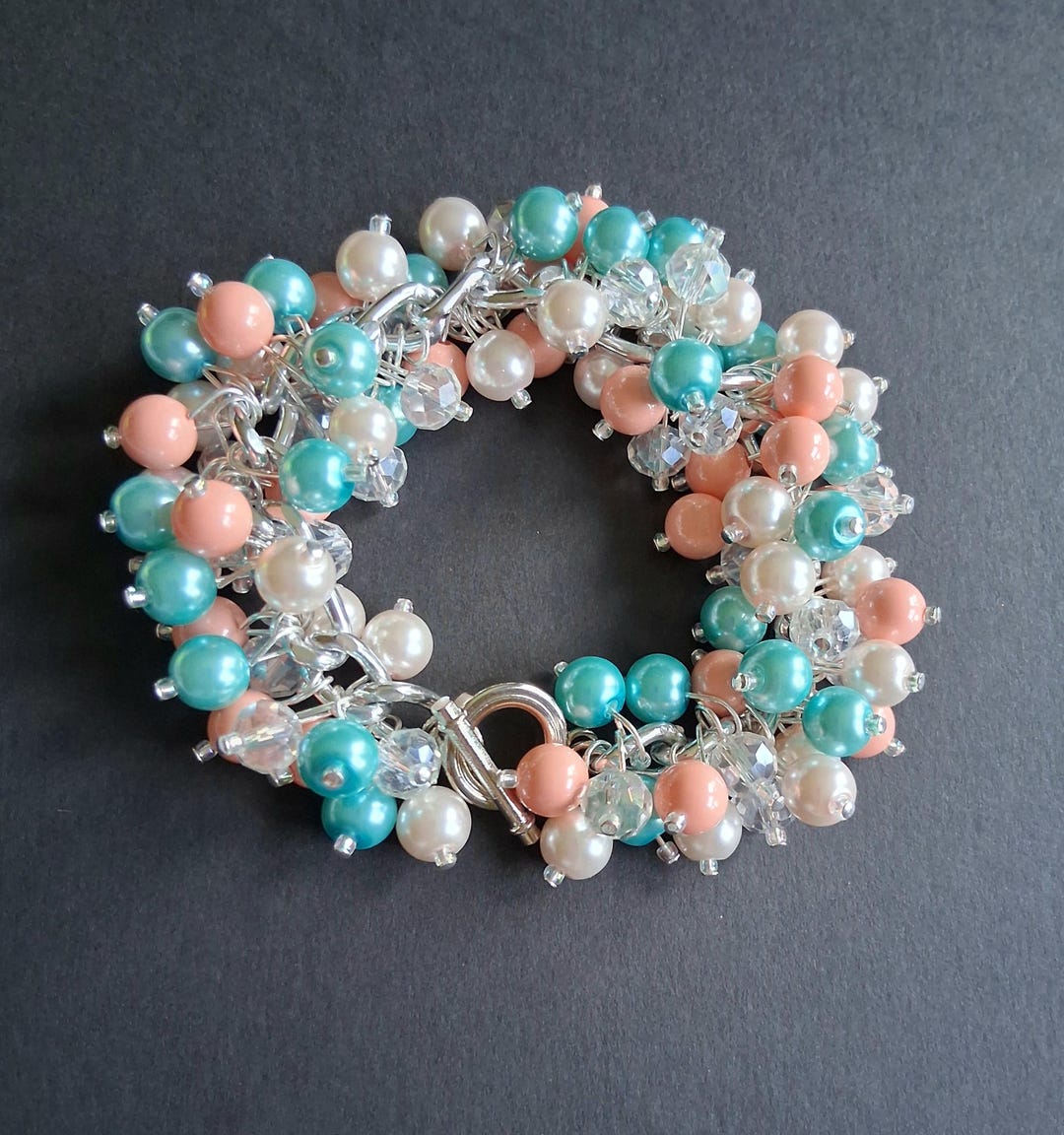 Tropical Pearl Cluster Bracelet: Coral, Pink & Turquoise Crystal ...