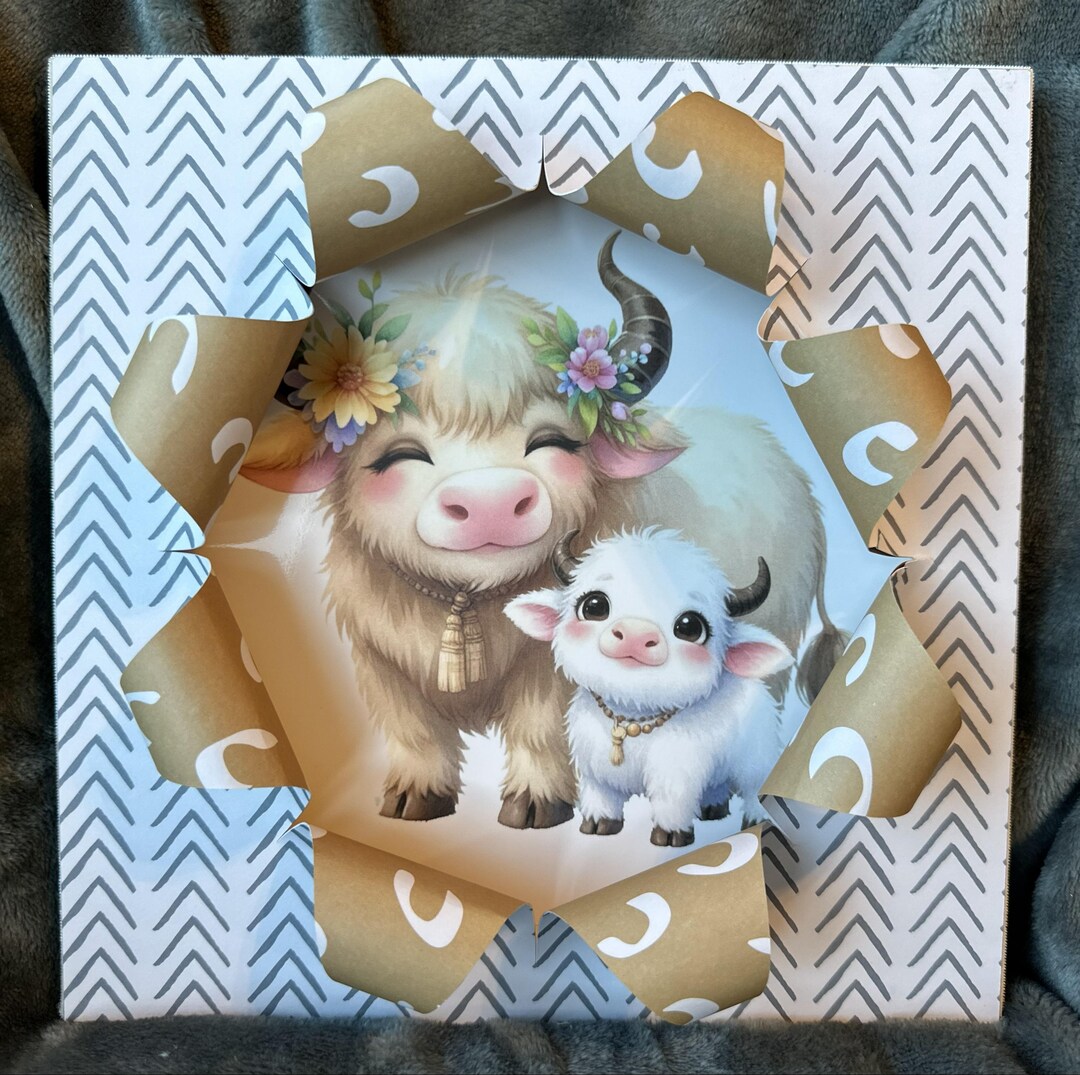 Adorable Mother & Baby Highlander Cows - Faux Busted Canvas Wall ...