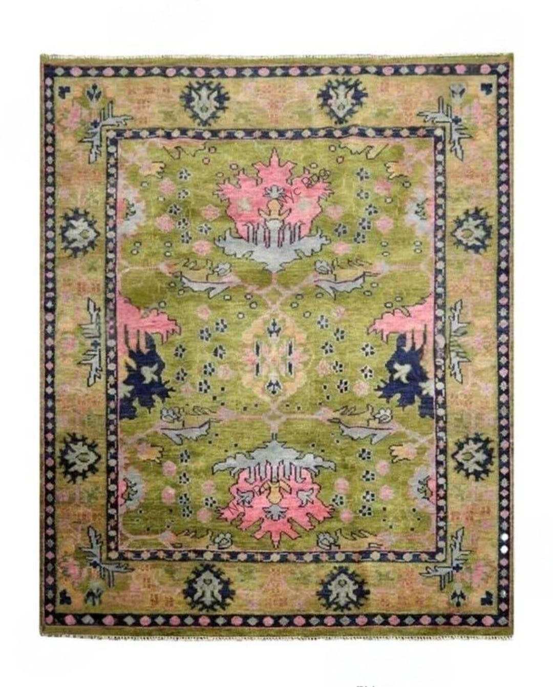 Vintage Green & Pink Hand Knotted Oushak Rug | Floral Oriental Wool ...