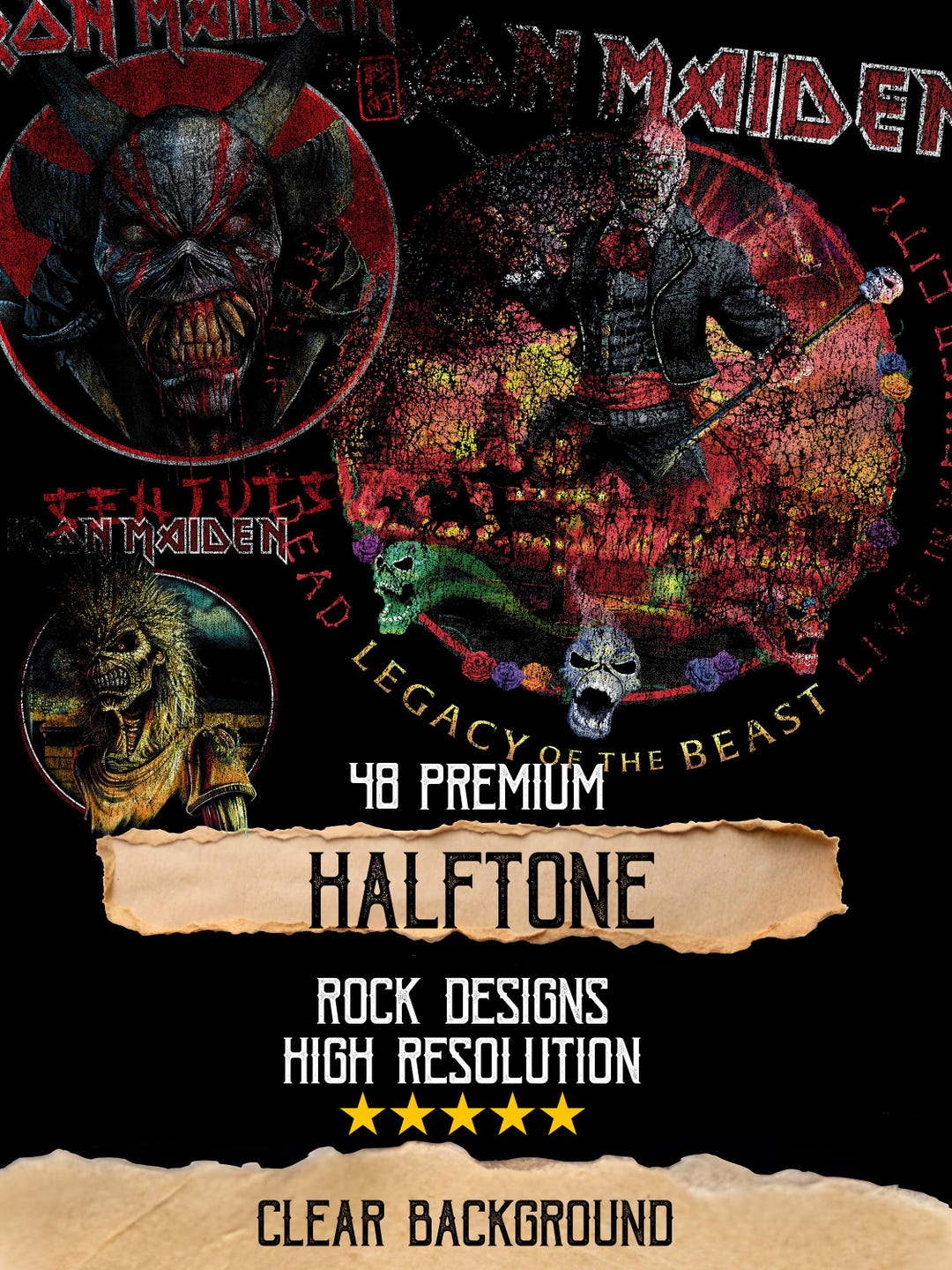 48 Vintage Heavy Metal Rock T-shirt Designs, Halftone Mascot Graphics ...