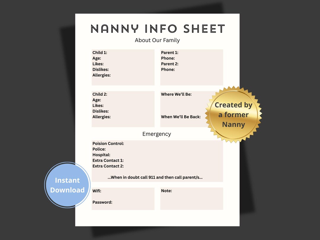 Nanny Information Sheet | Emergency Contact & Child Info Form ...