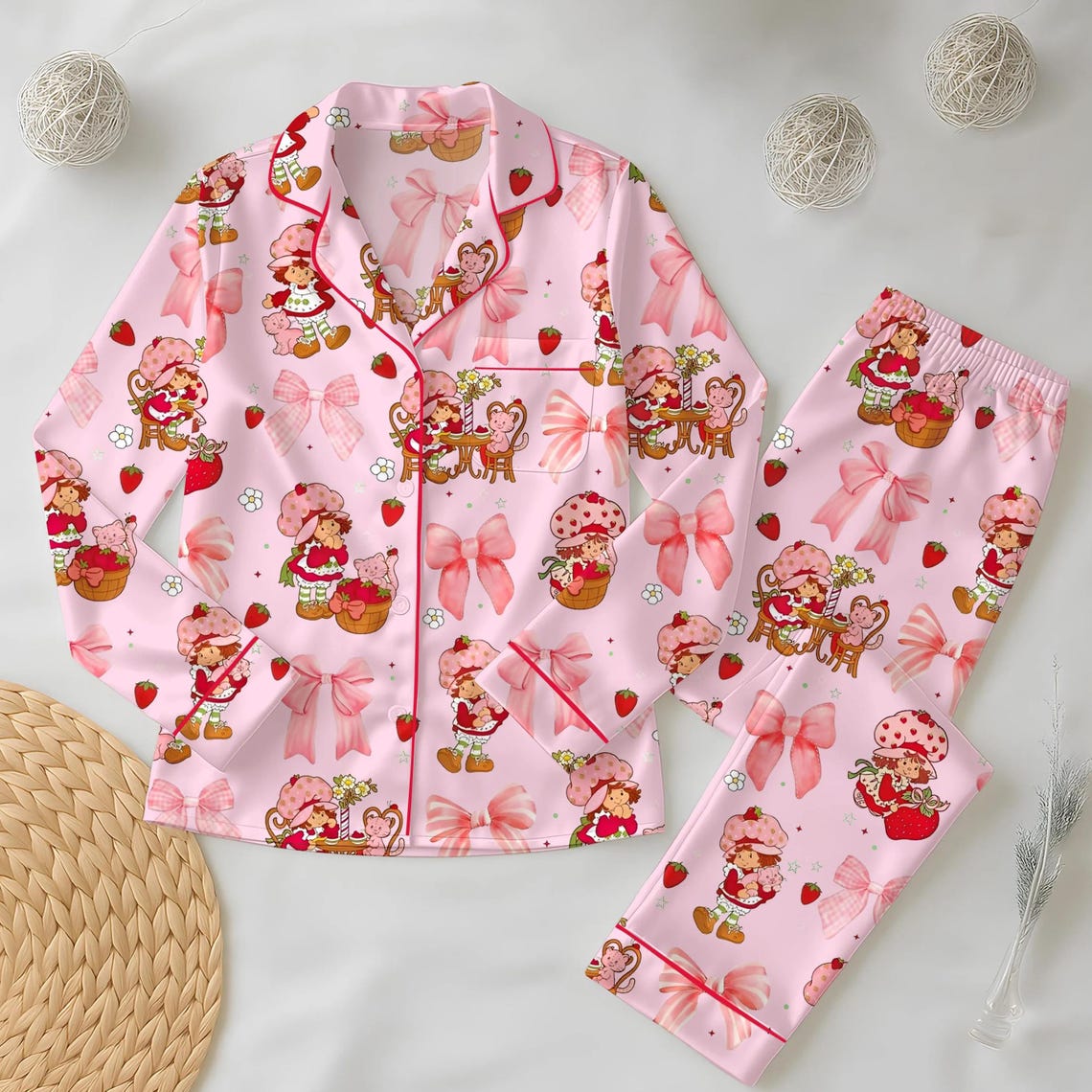 Strawberry Shortcake Youth Pajamas Set Satin, Pink Bow Sleepwear, Cute ...