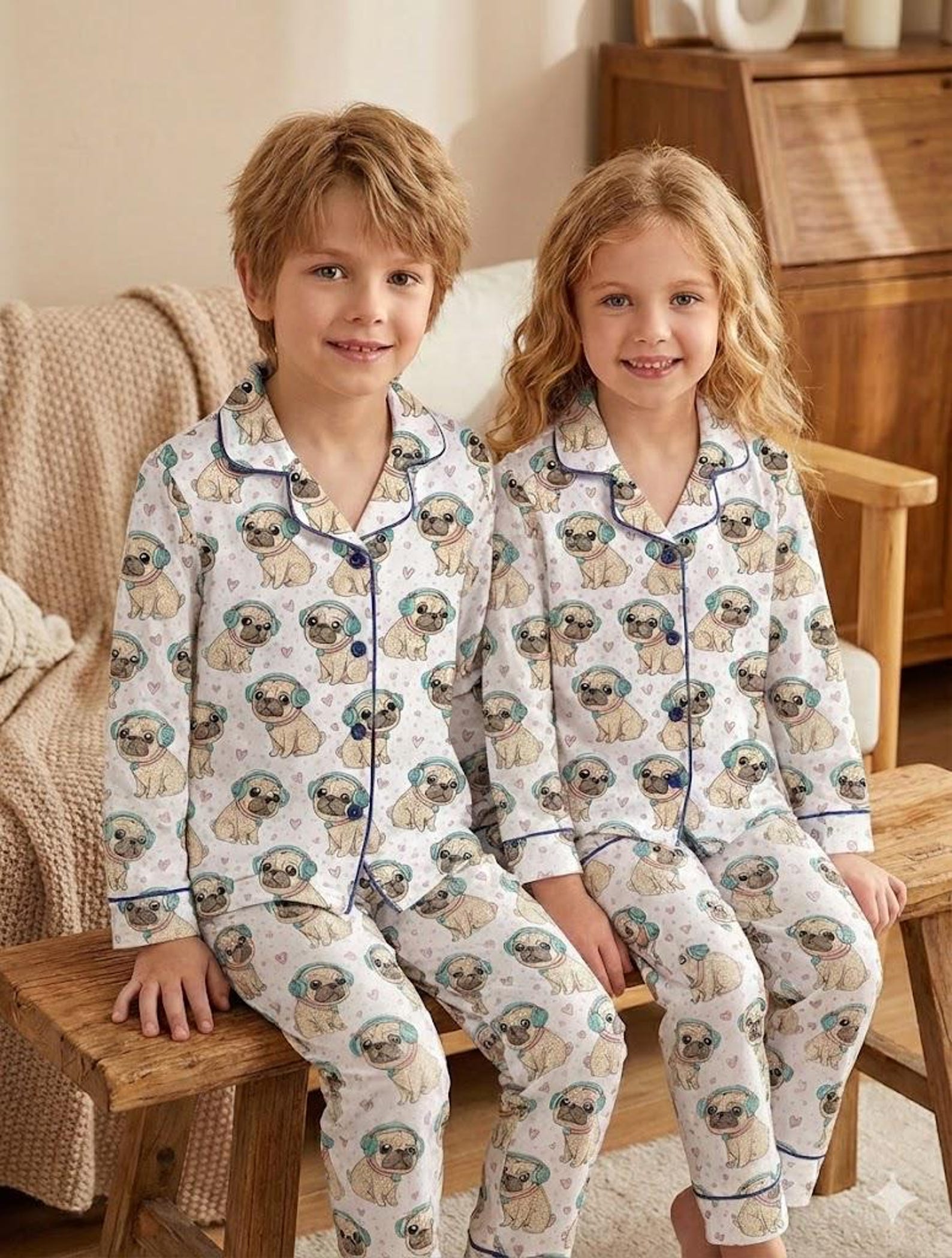 Adorable Pug Print Kids Pajamas, Soft Cotton Sleepwear for Girls, Fun ...