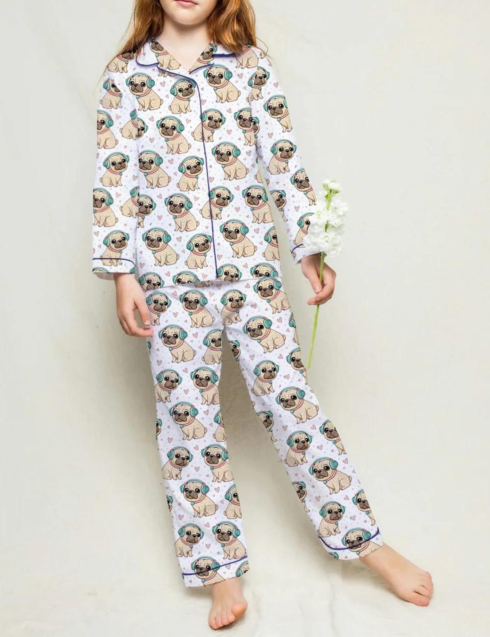 Adorable Pug Print Kids Pajamas, Soft Cotton Sleepwear for Girls, Fun ...