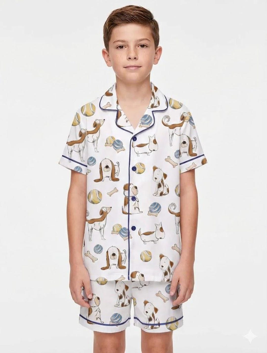 Dog Print Kids Pajama Set, Girls Short Sleeve Pjs With Playful Dog and ...