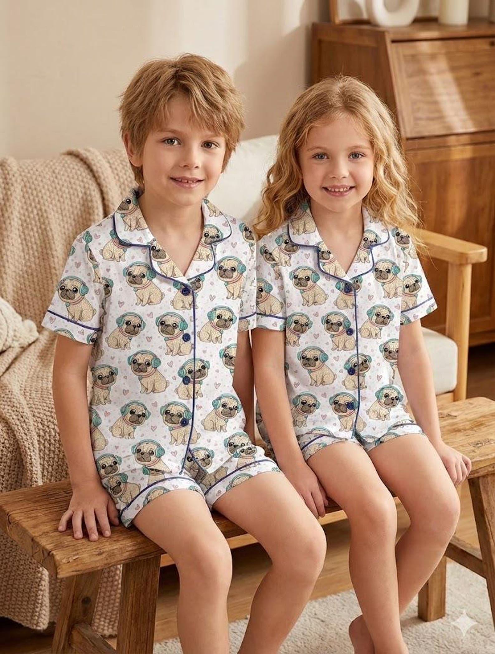 Adorable Pug Print Kids Pajamas, Soft Cotton Sleepwear for Girls, Fun ...
