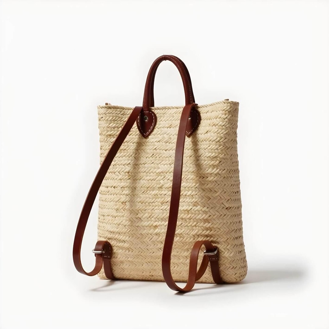 Handwoven Straw Backpack Tote: Moroccan Woven Bag With Leather Straps ...
