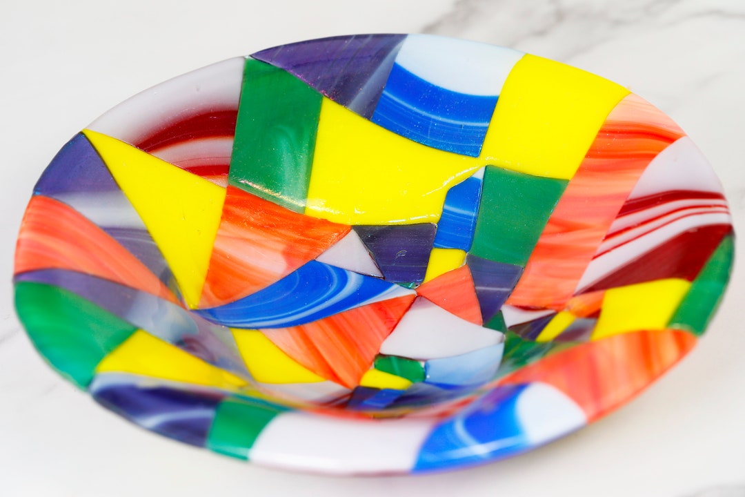 10" Multi-colored Fused Glass Round Bowl - Etsy