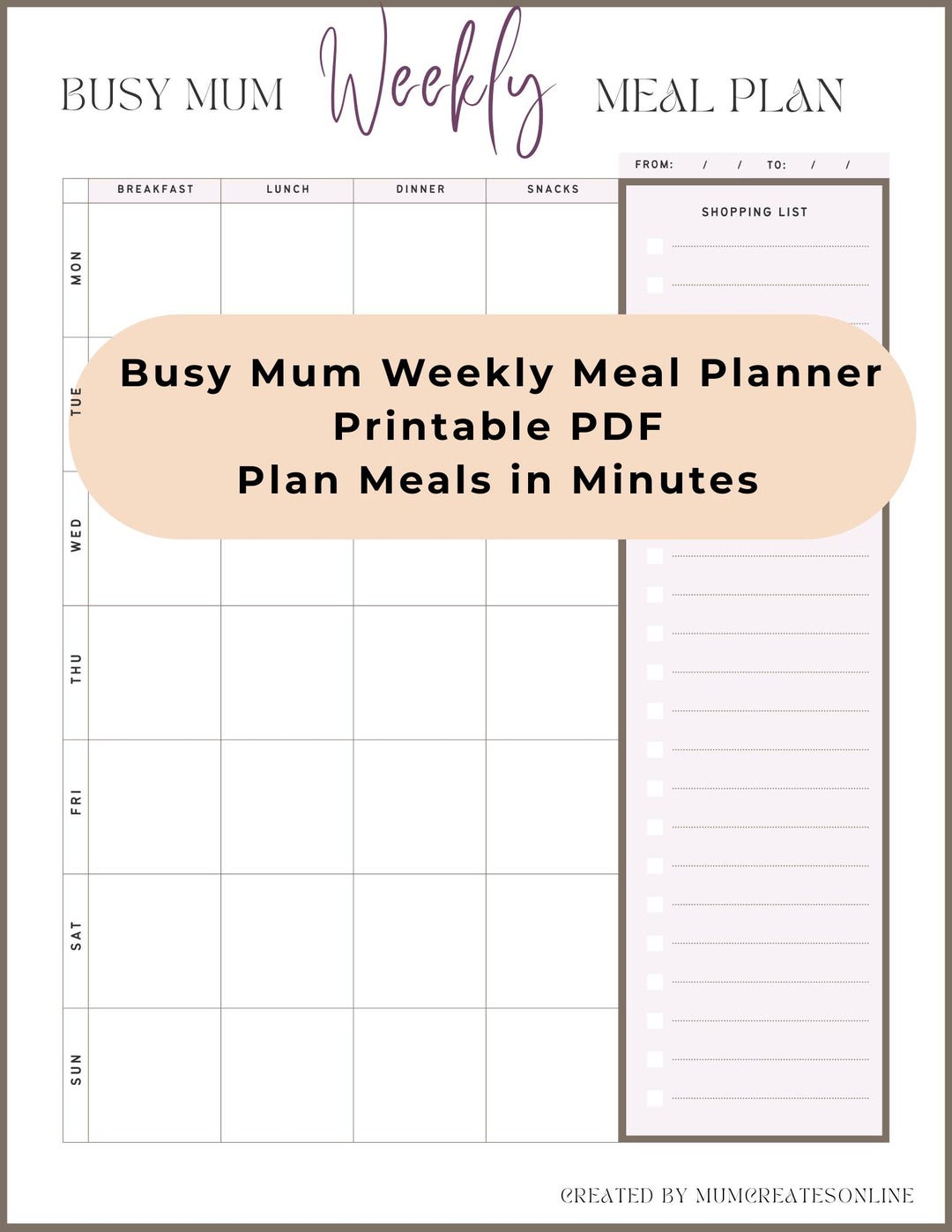 Busy Mum Weekly Meal Planner | Printable PDF | Family Meal Organizer ...