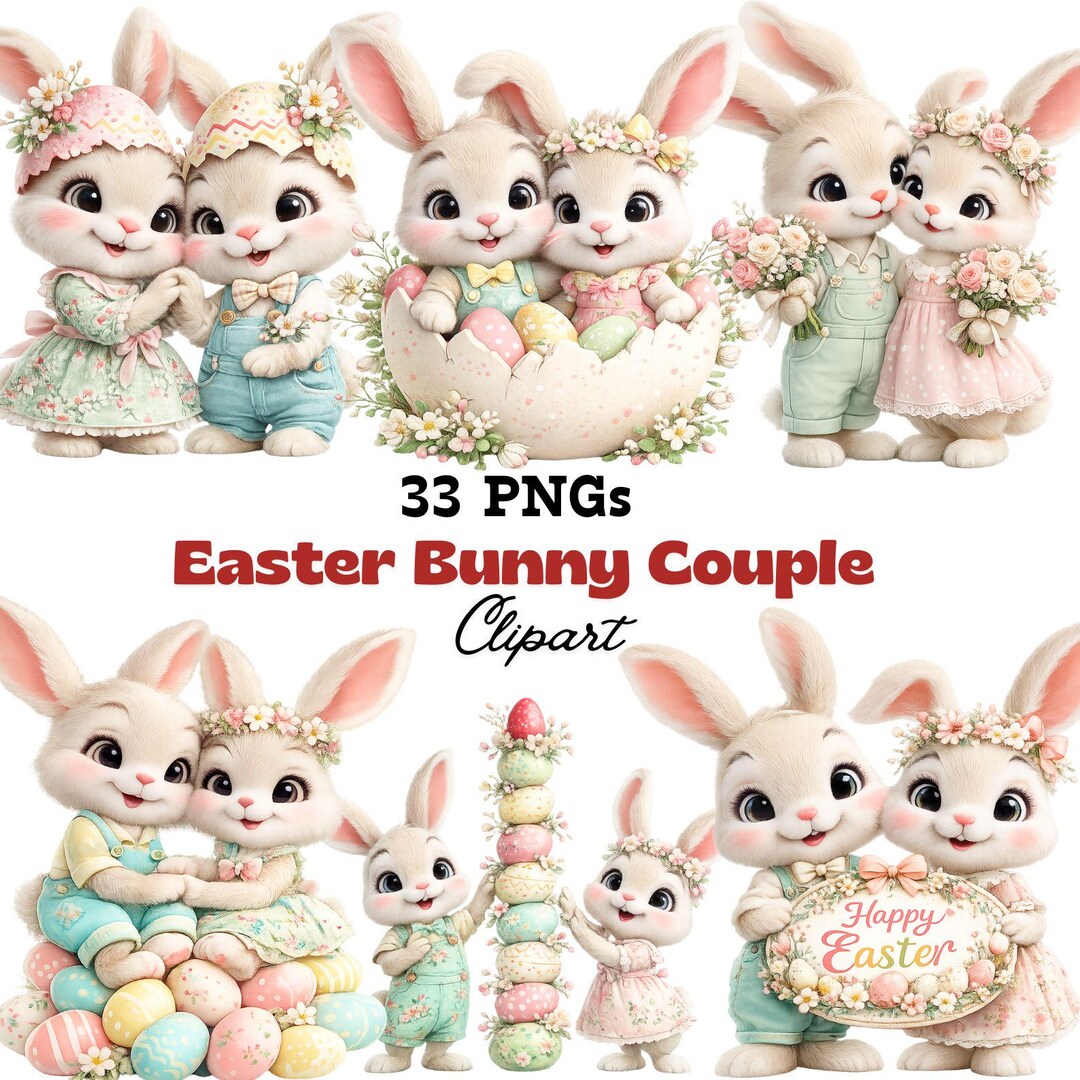 Whimsical Easter Bunny Clipart Set, 33 PNG , Bunny Graphics, (digital ...