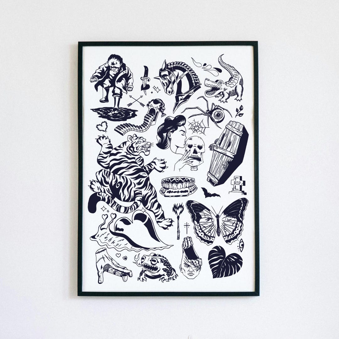 Tattoo Flash Sheet Poster, A3 Screen Print "flashdance", Old School ...