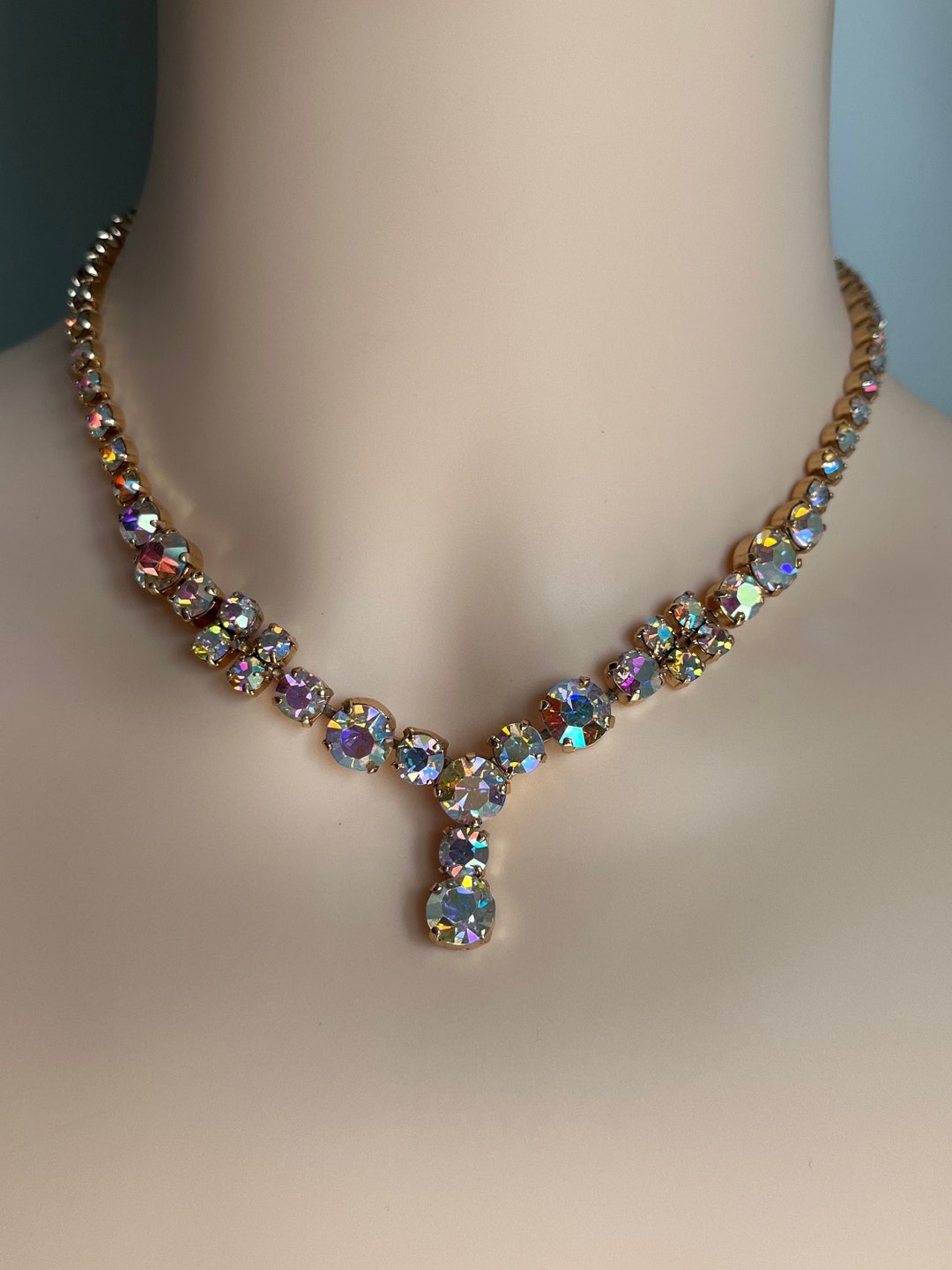 Aurora Borealis Vintage Drop Rhinestone Necklace Crystal Drop Detail ...
