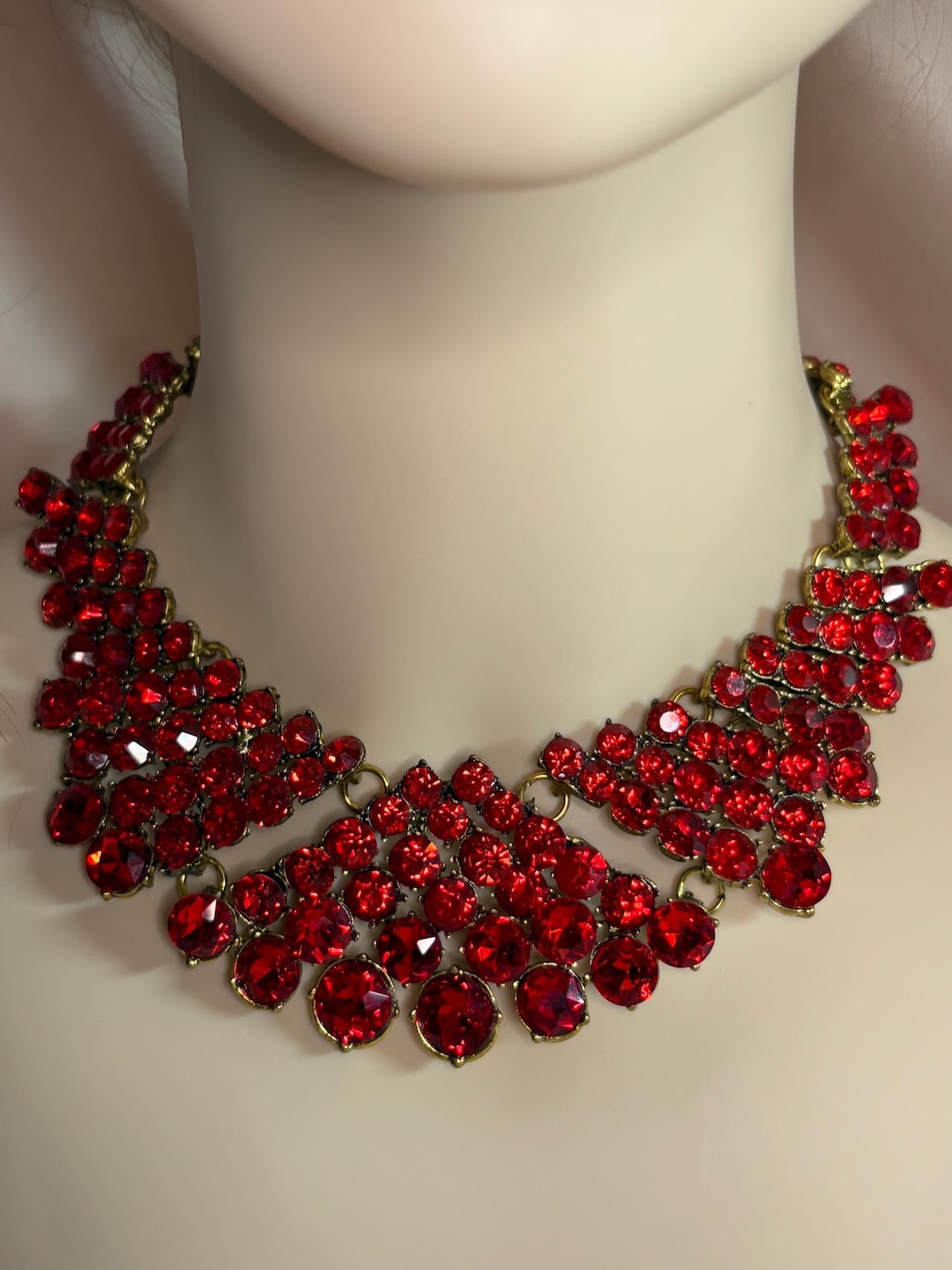 Vintage Red Rhinestone Necklace Statement Ruby Coloured Choker Bib ...