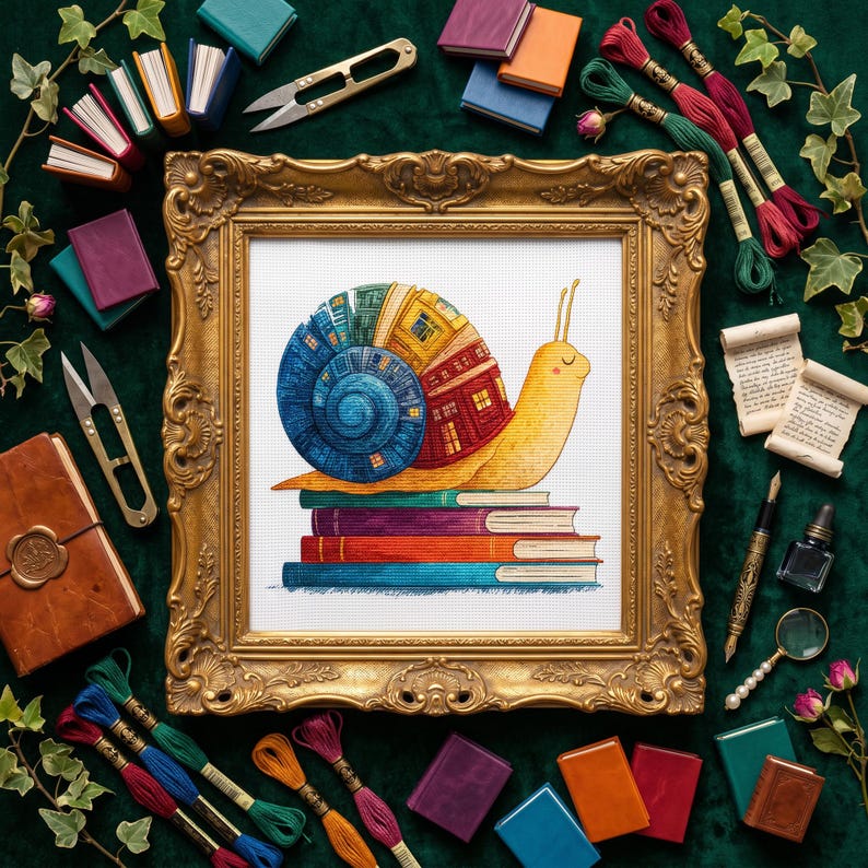 Whimsical Book Snail Cross Stitch Pattern - Cozy Library Art PDF - Etsy ...