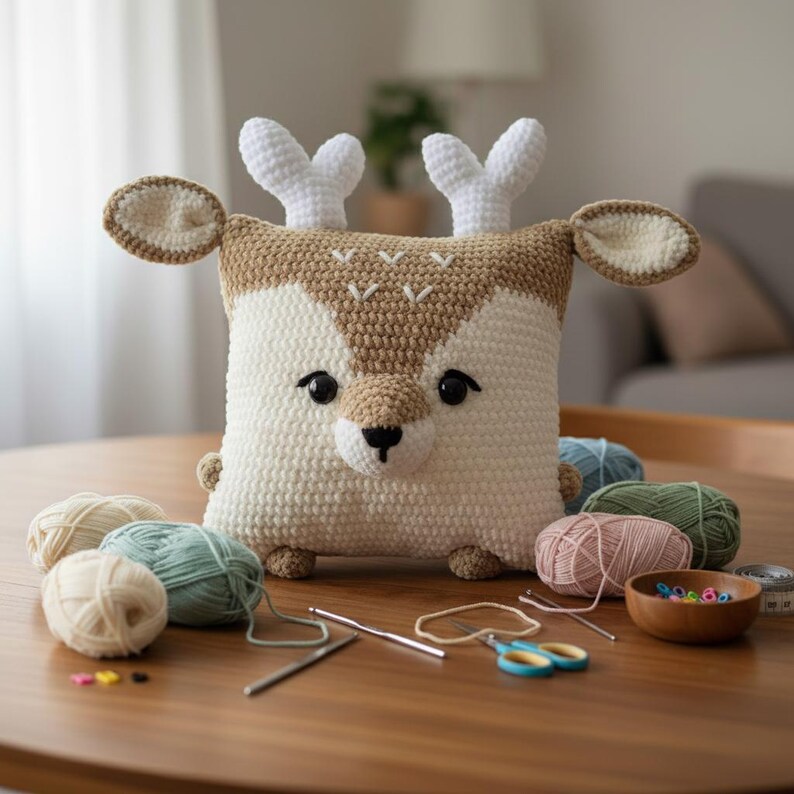 Amigurumi Deer Pillow Crochet Pattern, Cute Plush Reindeer Cushion ...