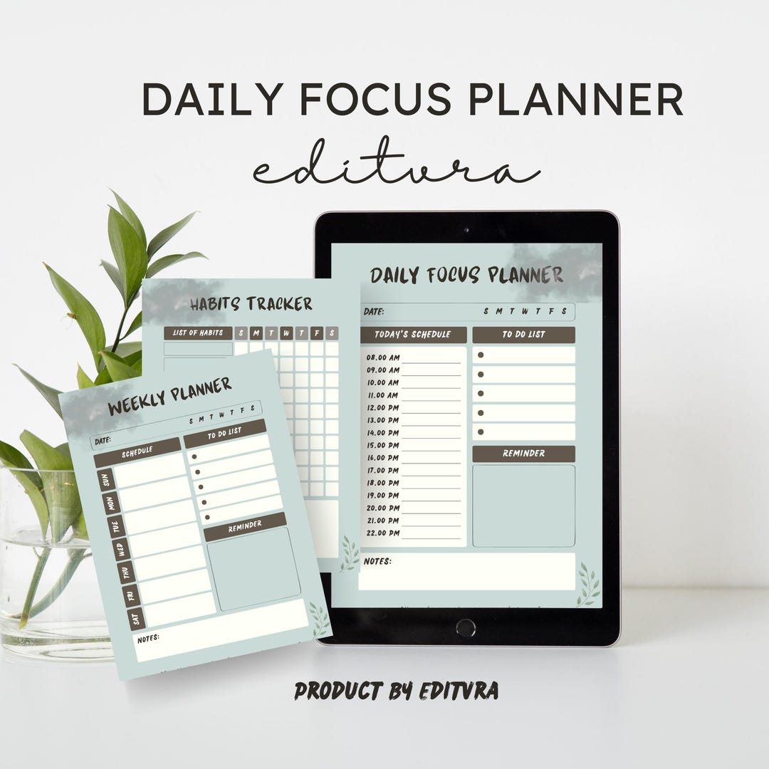 Daily Focus Planner Printable Canva Template | Minimalist Productivity ...