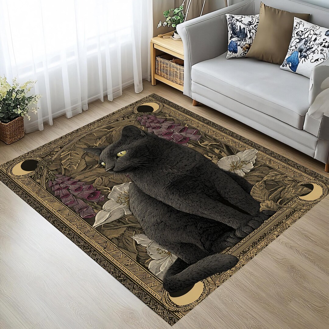 Black Cat Botanical Art Rug Vintage Gothic Floral Home Decor - Etsy