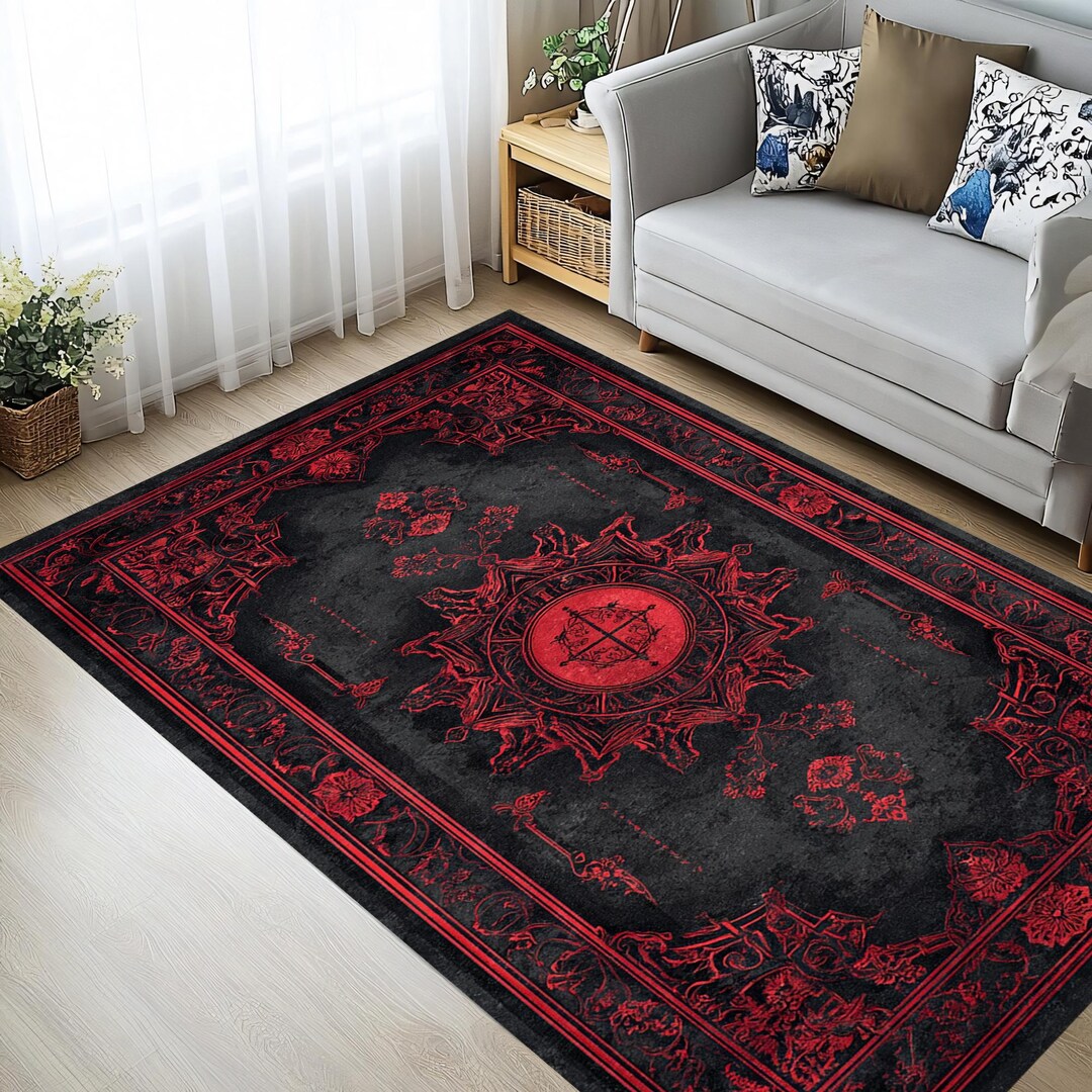 Infernal Sigil Area Rug – Red and Black Occult Floor Decor for Altar or ...
