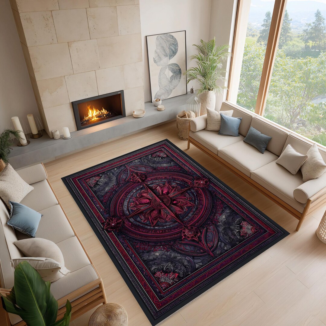 Crimson Compass Rose Rug – Gothic Floral Mandala Floor Art for Altar or ...