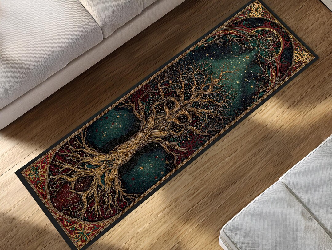 Tree of Life Runner Rug | Celtic Hallway Carpet With Stars and Rooted ...