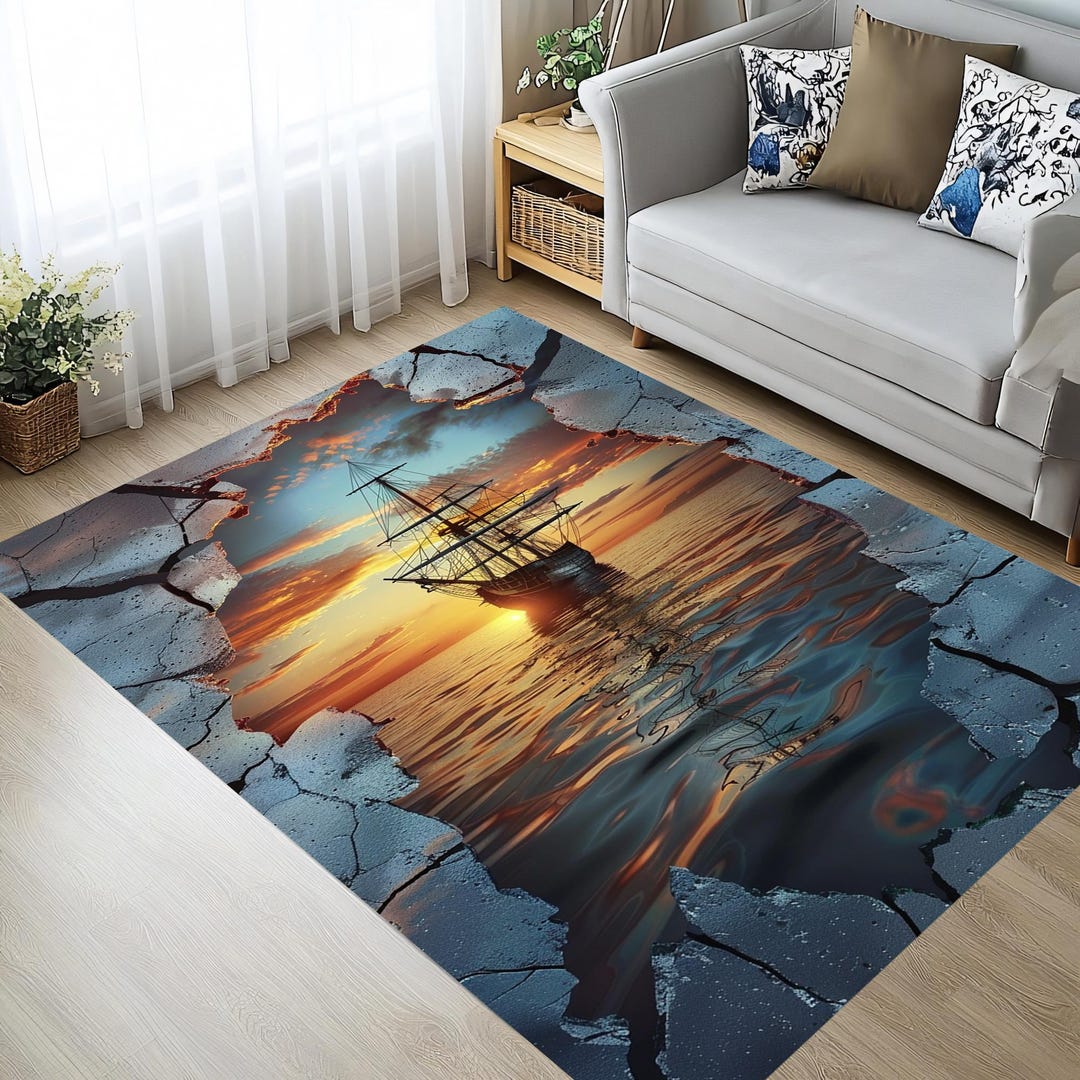 3D Pirate Ship Sunset Rug – Cracked Floor Illusion Carpet for Nautical ...