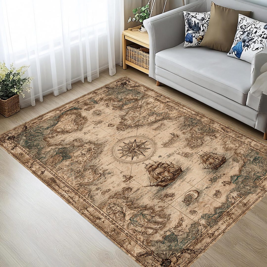 Pirate Map Rug – Vintage Nautical Area Rug With Tall Ships and Compass ...