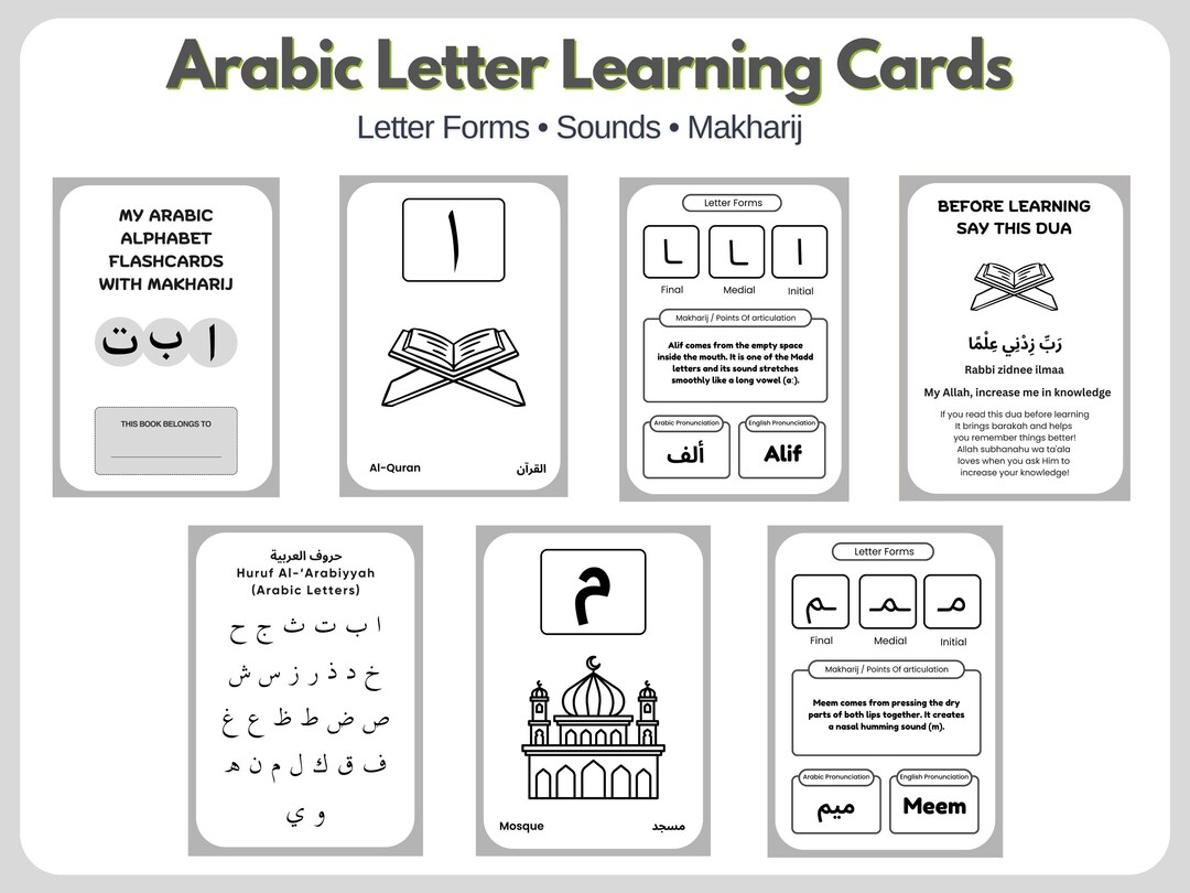 Arabic Letter Alphabet Flashcards With Tajweed Makharij Letter Forms ...