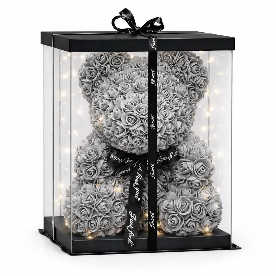 Big Grey Rose Bear in Gift Box,foam Rose Teddy Bear With LED Lights ...