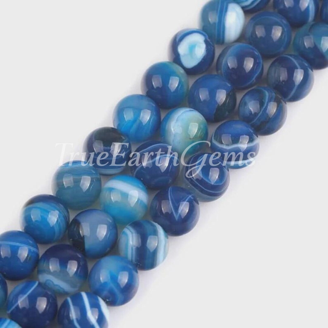 Blue Banded Agate Beads, Natural Botswana Gemstone, Round Cabochon (15 ...