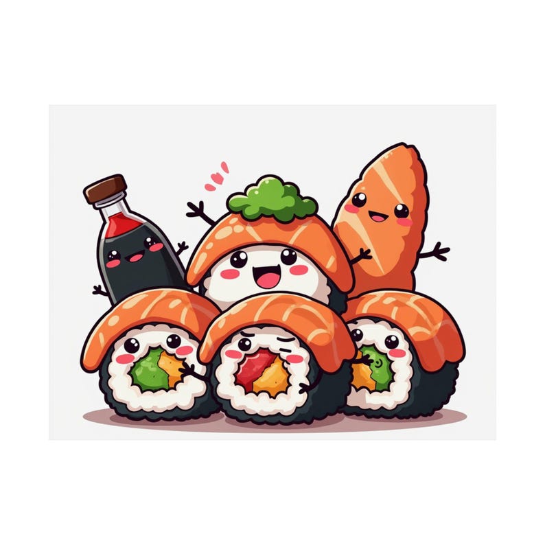 Kawaii Cartoon Sushi Wall Art | Cute Food Digital Prints | Poster 24x18 ...