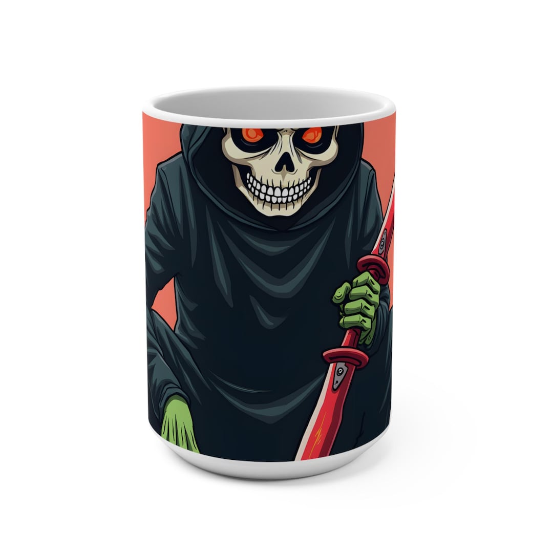 Grim Reaper Mug 15oz - Cartoon Skull Halloween Coffee Cup - Gothic Dark ...