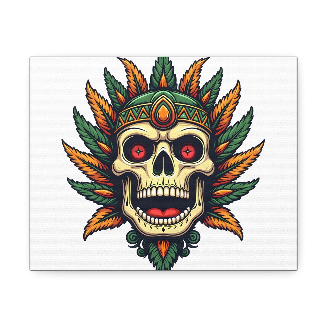 Aztec Skull Canvas Print Traditional Tattoo Art Feather Headdress ...