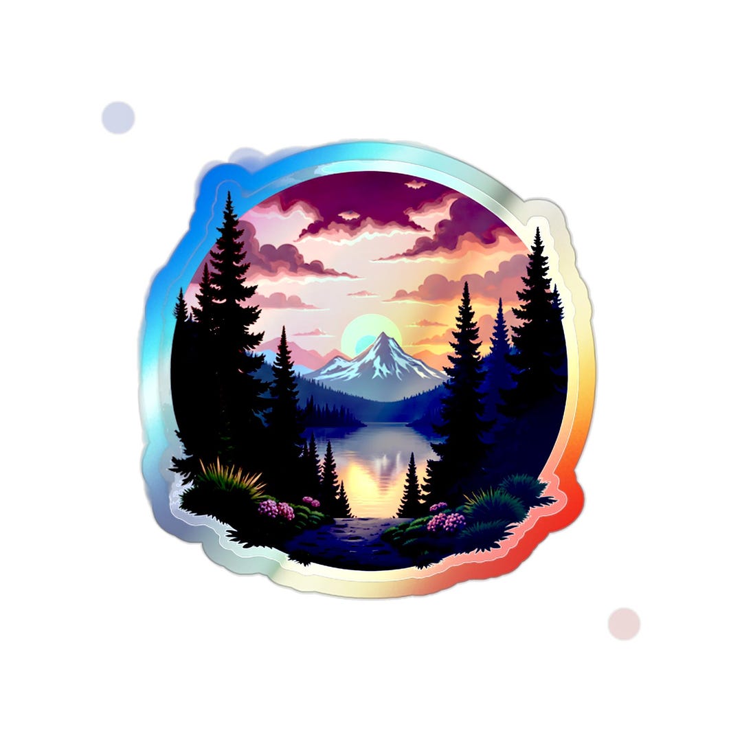 Mountain Sunset Holographic Sticker, Laptop Decal, Waterproof Vinyl ...