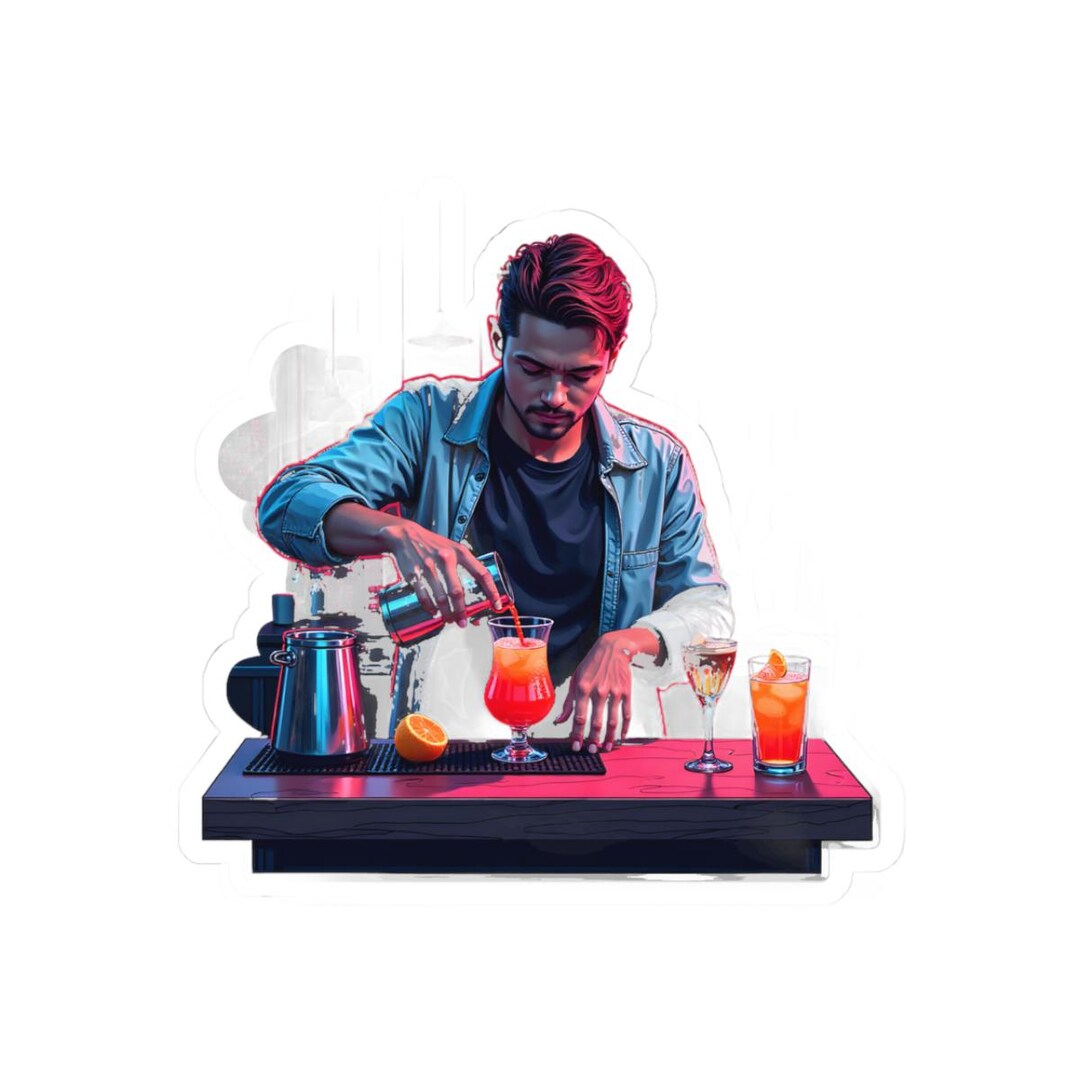 Bartender Sticker, Cyberpunk Mixologist Vinyl Decal, Neon Cocktail ...