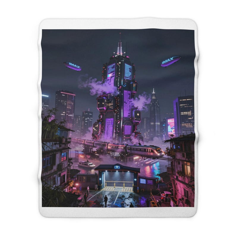 Futuristic Cyberpunk Sherpa Throw Pillow | Neon City Skyline Home Decor ...